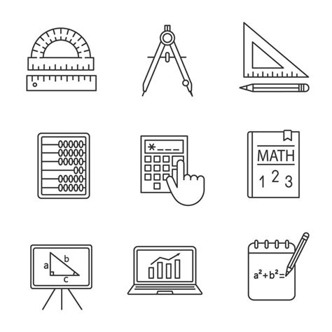 Mathematics Linear Icons Set Geometry And Algebra Drafting Tools
