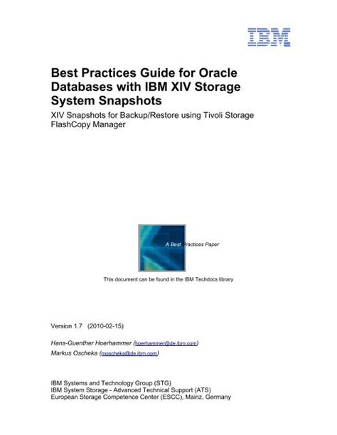 Best Practices Guide For Oracle Databases With Ibm Xiv Storage System Snapshots