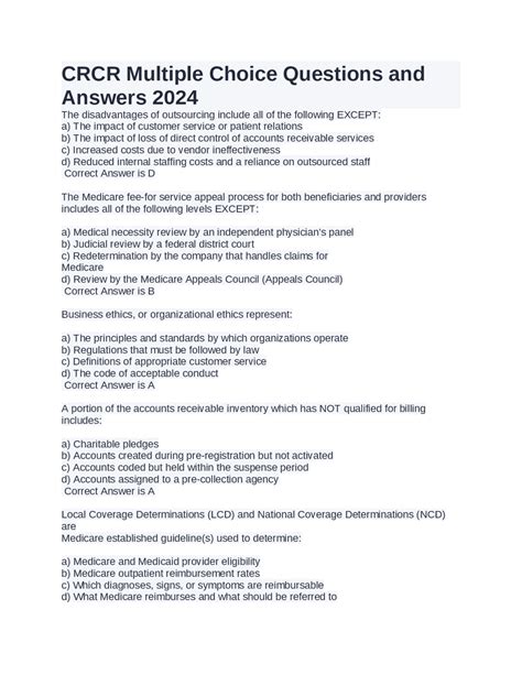 CRCR Multiple Choice Questions And Answers 2024 Exams Nursing Docsity