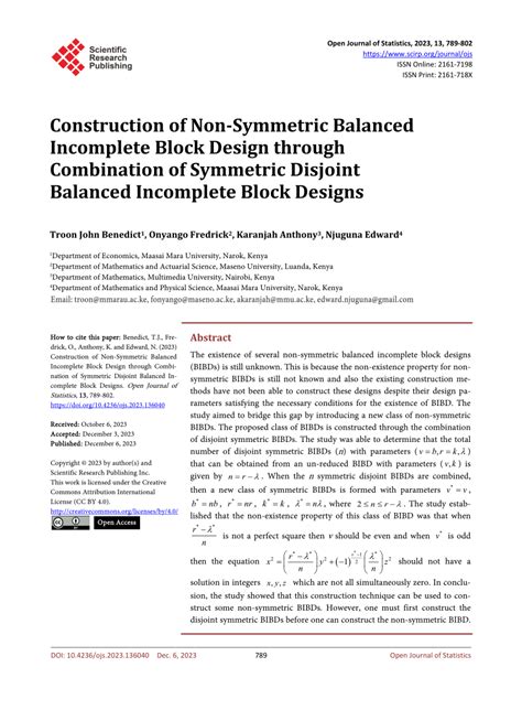 Pdf Construction Of Non Symmetric Balanced Incomplete Block Design