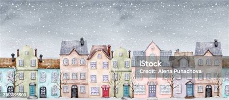 복고풍 주택이 있는 유럽 거리 원활한 테두리 겨울 크리스마스 새해 떨어지는 눈을 배경으로 눈 덮인 도시 건물 구시 가지 수채화 카드 포스터 책 눈 냉동상태의 물에 대한 스톡