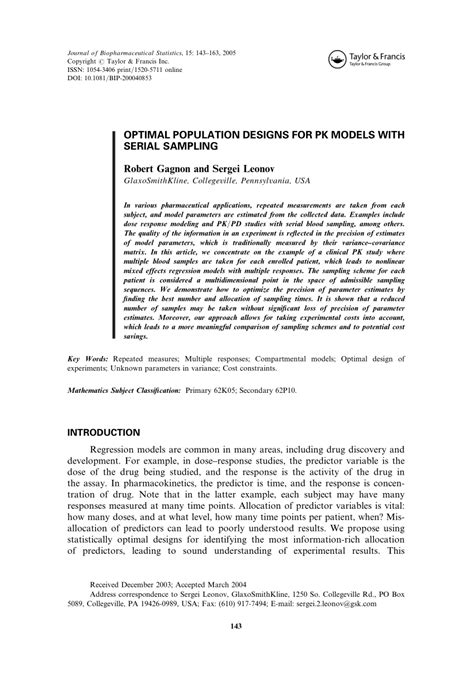 Pdf Optimal Population Designs For Pk Models With Serial Sampling