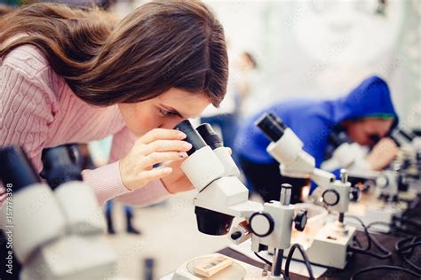 The Babe Girl Looks Through A Microscope In An Equipped Classroom With A Series Of