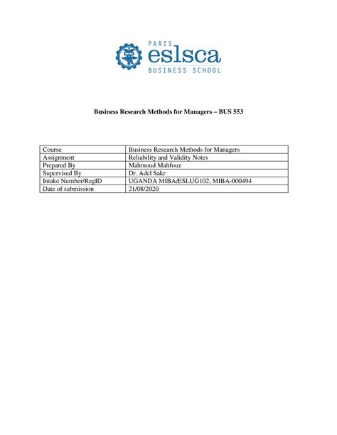 Reliability And Validity Assignment 2 Business Research Methods For