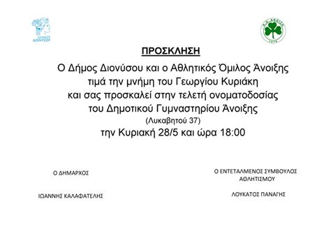 Ονοματοδοσία Δημοτικού Γυμναστηρίου Άνοιξης στη μνήμη του Γιώργου Κυριάκη την Κυριακή 28 5