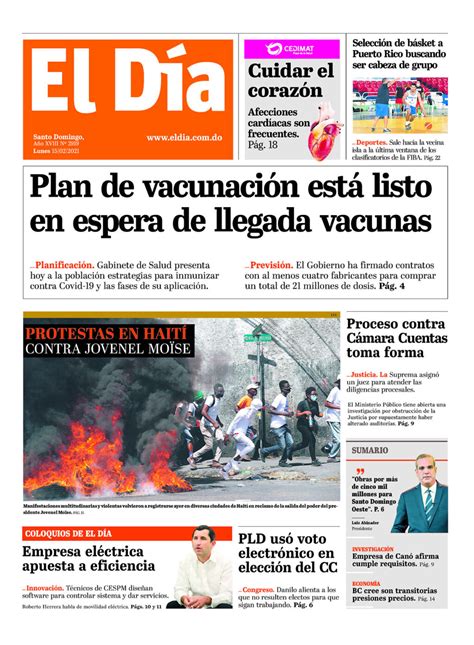 Portada Periódico El Día Lunes 15 De Febrero 2021 Dominicanado