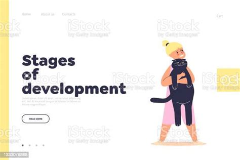 새끼 고양이를 들고 작은 아기 소녀와 착륙 페이지의 개발 개념의 단계 개념에 대한 스톡 벡터 아트 및 기타 이미지 개념
