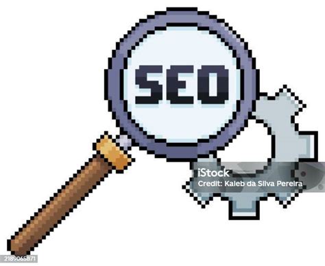 Seo라는 단어와 8비트 스타일의 기어가 있는 돋보기의 픽셀 아트 개선에 대한 스톡 벡터 아트 및 기타 이미지 개선 검색 검색 엔진 Istock