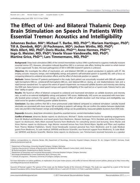 Pdf The Effect Of Uni And Bilateral Thalamic Deep Brain Stimulation On Speech In Patients