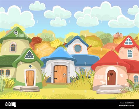 Village Of Gnomes Fabulous Town With Cute Little Houses Clouds
