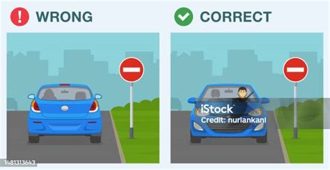 안전 운전 요령 및 교통 규제 규칙 올바른 방향과 잘못된 방향 이동 입장 금지 표시 자동차가 도로에서 반대 방향으로 이동하고