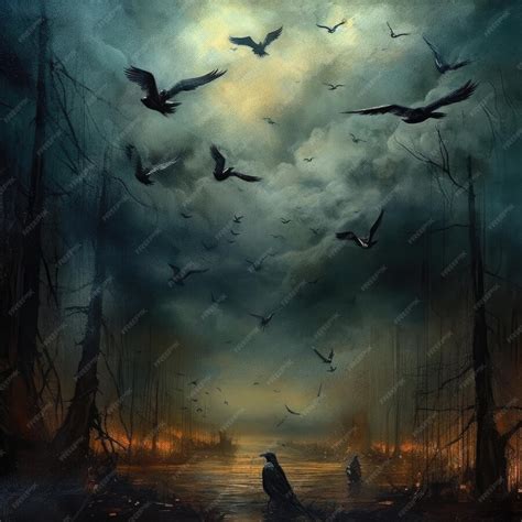 Premium Ai Image Flying Ravens Dark Halloween Illustration Fantasy