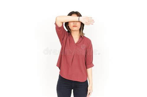 Covering Eyes With Arms Of Beautiful Asian Woman Isolated On White