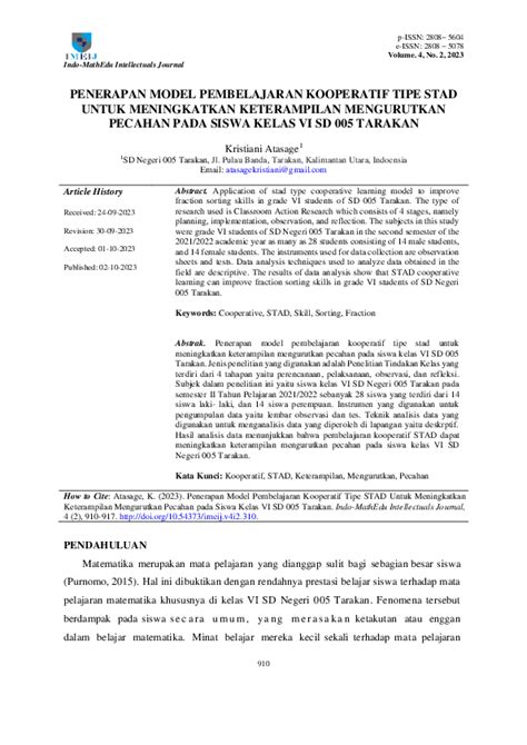 Pdf Penerapan Model Pembelajaran Kooperatif Tipe Stad Untuk
