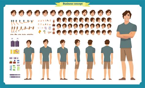 캐주얼 옷에 젊은 남자 캐릭터 생성을 설정합니다 전체 길이 다른 보기 감정 제스처 흰색 배경에 대해 격리 합니다 당신의 자신의 디자인을 구축 합니다 휴가에 대한 스톡 벡터