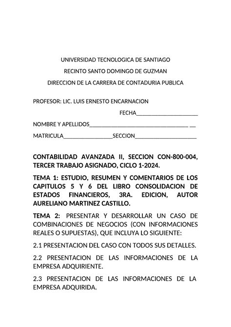 Contabilidad Avanzada II Seccion CON 800 004 Tercer Trabajo Asignado