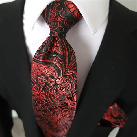 Red Black Silk Tie Flower Pocket Square Cufflink Set Cufflink Set