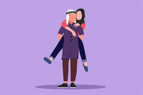그래픽 플랫 디자인 그리기 행복 한 남자 운반 및 공원에서 여자를 포용 로맨틱 아라비아 커플 사랑에 젊은 부부 관계는 결혼