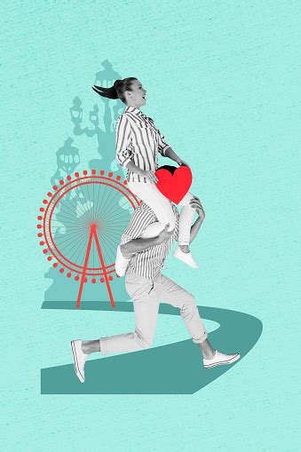두 행복 한 소녀 남자 실행 Headless Heart 아이콘 관람차 신혼 여행 로맨스 애인의 수직 사진 콜라주 페인트 배경에 고립 2명에 대한 스톡 사진 및 기타 이미지