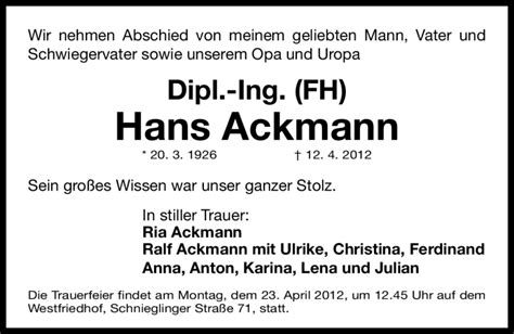 Traueranzeigen Von Hans Ackmann Trauernnde