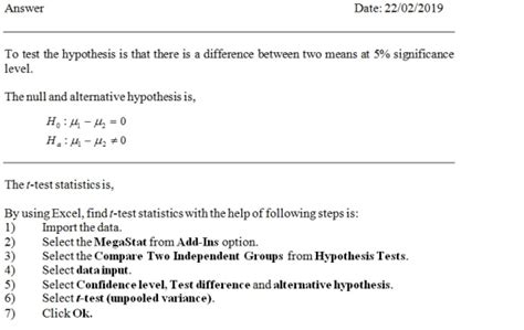 Hypothesis Test Difference Between Means Sample A 35 Observations