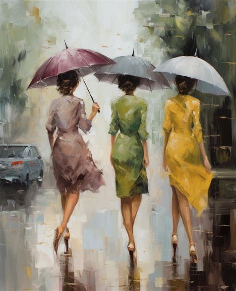 Painting Of Three Women Walking In The Rain With Umbrellas Generative