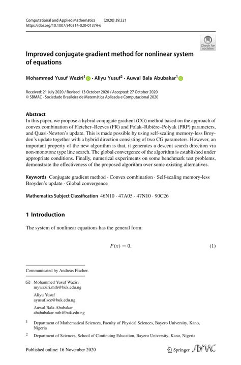 Pdf Computational And Applied Mathematics Improved Conjugate Gradient