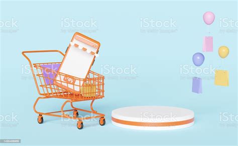 Stage Podium Empty Space And Orange Mobile Phone Or Smartphone With