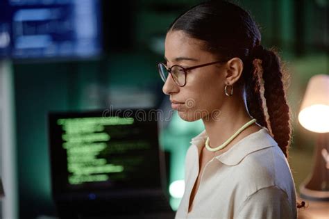Portrait Middle Eastern Female Developer Glasses Using Computer