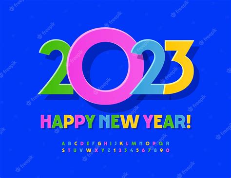 벡터 밝은 인사말 카드 새해 복 많이 받으세요 2023 다채로운 스티커 알파벳 문자와 숫자 세트 프리미엄 벡터