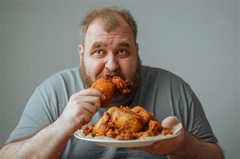 Premium Photo Fat Man Eating Fried Chicken