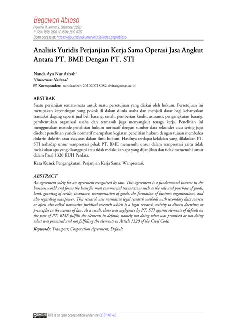 PDF Analisis Yuridis Perjanjian Kerja Sama Operasi Jasa Angkut Antara