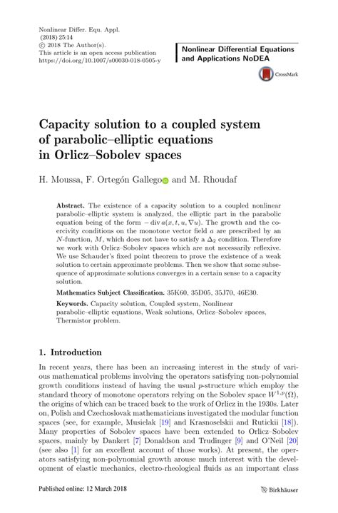 Pdf Capacity Solution To A Coupled System Of Parabolicelliptic Equations In Orliczsobolev Spaces