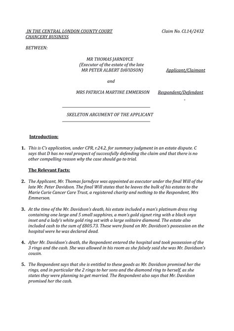 Summary Judgment Skeleton Argument In The Central London County Court Claim No Cl14