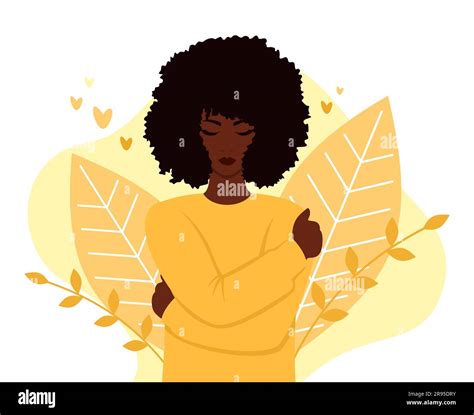 Beautiful African Woman With Curly Hair And Closed Eyes Hugs Herself