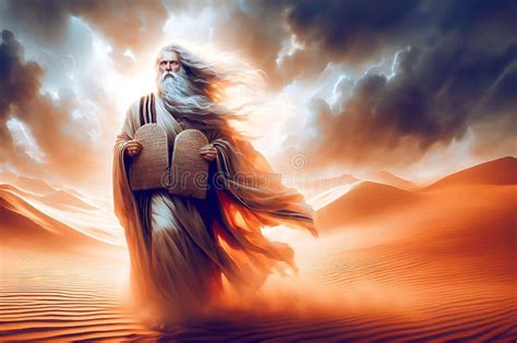 Moses Holds The Stone Tablets With The Ten Commandments In A Desert