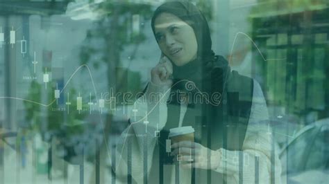 Animation Of Statistics And Data Processing Over Woman In Hijab Using
