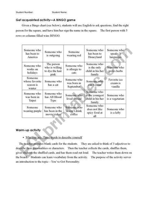 Get Acquainted Warmup Activity ESL Worksheet By XiaMa