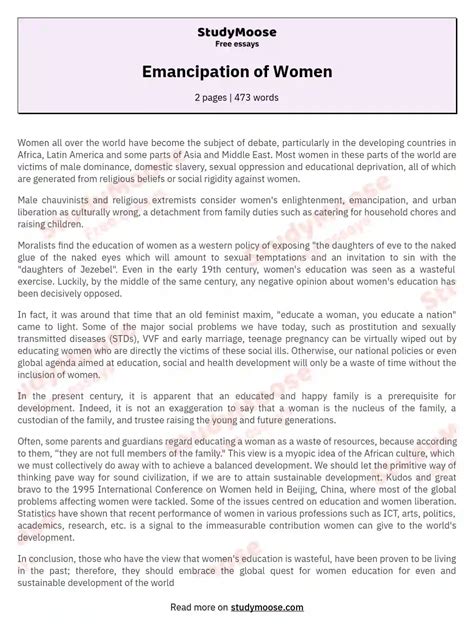 Emancipation Of Women Free Essay Example