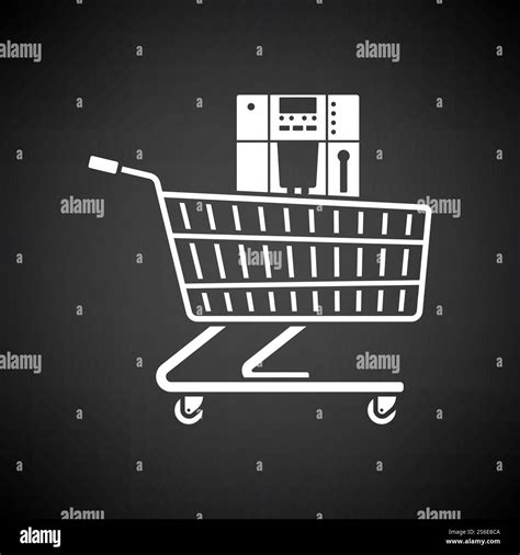 Shopping Cart With Cofee Machine Icon White On Black Background