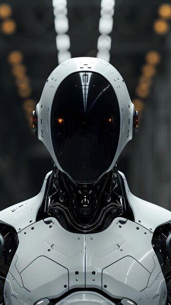 White Humanoid Robot With A Black Visor And Orange Eyes Premium Ai