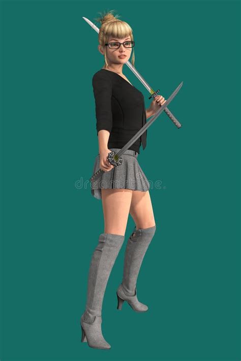Nerd Woman With A Katana Sword Isolated Stock Image Illustration Of