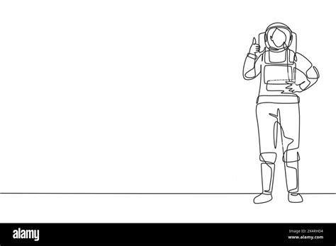 Single Continuous Line Drawing Female Astronaut Stands With Thumbs Up Gesture Wearing Space Suit