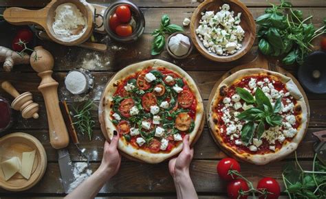Premium Photo Freshly Baked Tomato And Feta Cheese Pizza On Wooden Table