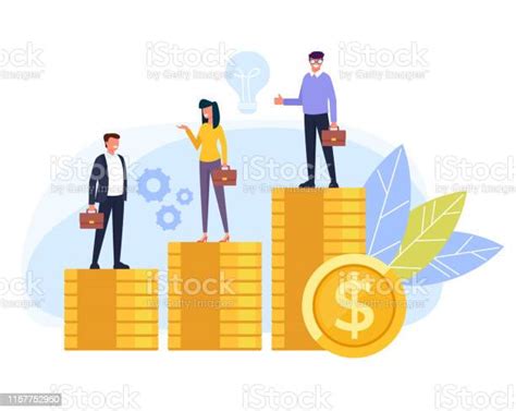 다른 스택 황금 동전에 서 비즈니스 사람들 사무실 노동자 급여 소득 차이 개념입니다 벡터 플랫 만화 그래픽 디자인 고립 된 그림 임금에 대한 스톡 벡터 아트 및 기타 이미지