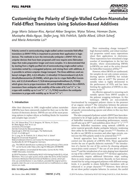 PDF Customizing The Polarity Of SingleWalled CarbonNanotube FieldEffect Transistors Using