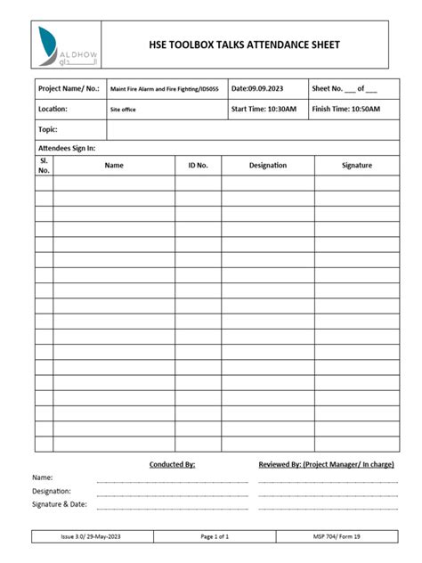 Hse Toolbox Talks Attendance Sheet 2023 Pdf