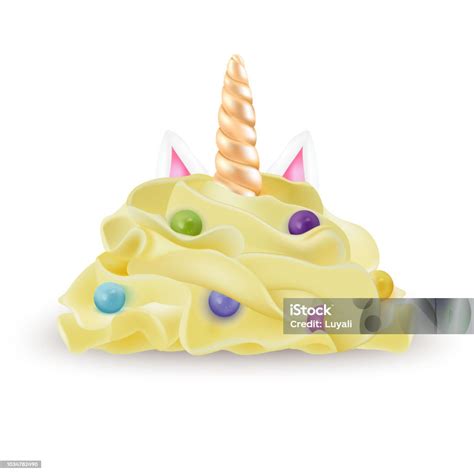 다채로운 현실적인 진주 Dragees와 유니콘 뿔 촛불 휘 핑된 크림 흰색 절연 상세한 3d 이미지입니다 웹에 대 한 요소를 디자인 하거나 포장을 인쇄 합니다 벡터 3차원