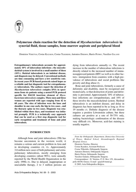 Pdf Polymerase Chain Reaction For The Detection Of Mycobacterium Tuberculosis In Synovial