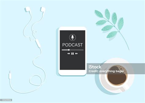 팟캐스트 컨셉 화면에 팟 캐스트를 듣고 응용 프로그램과 스마트 폰의 상단 보기 이어폰과 커피 한 잔 온라인 오디오 북 라디오